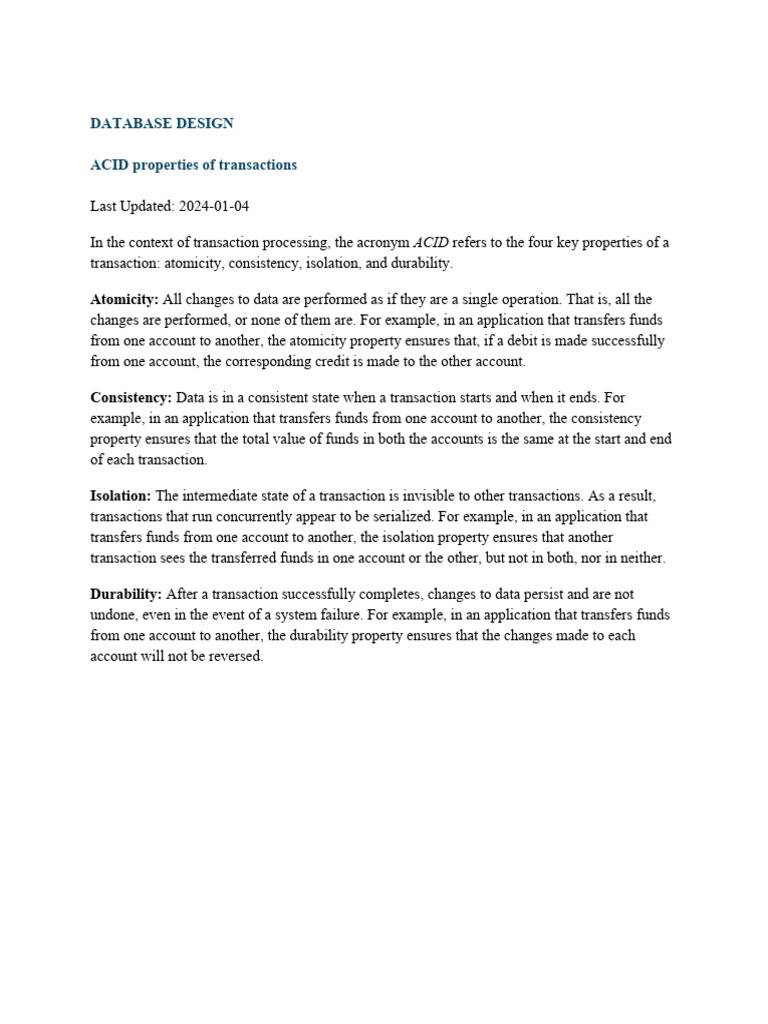 Database Design ACID Properties of Transactions | PDF | Computers