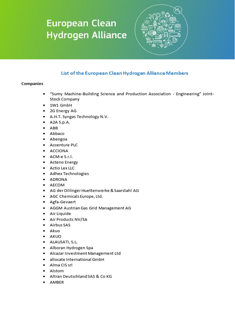 European Clean Hydrogen Alliance Members | PDF | Electric Vehicle ...