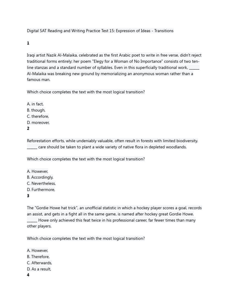 Digital SAT Reading and Writing Practice Test 15 | Download Free PDF ...