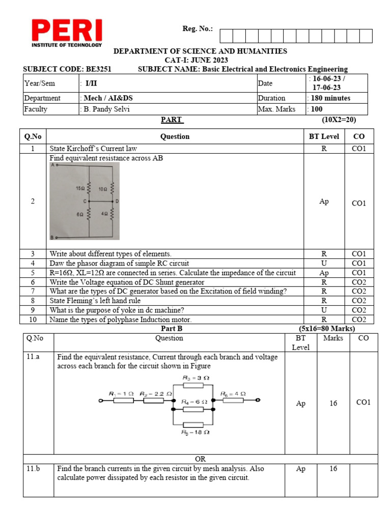 BE3251 - Set 1 | PDF | Electrical Engineering | Electricity