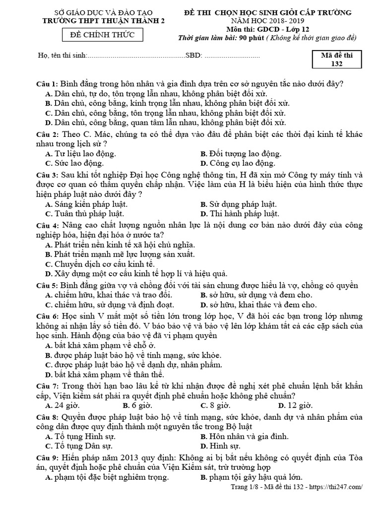 De Thi Hoc Sinh Gioi Mon GDCD Lop 12 Cap Truong Nam 2018 2019 Truong THPT Thuan Thanh 2 Bac Ninh ...