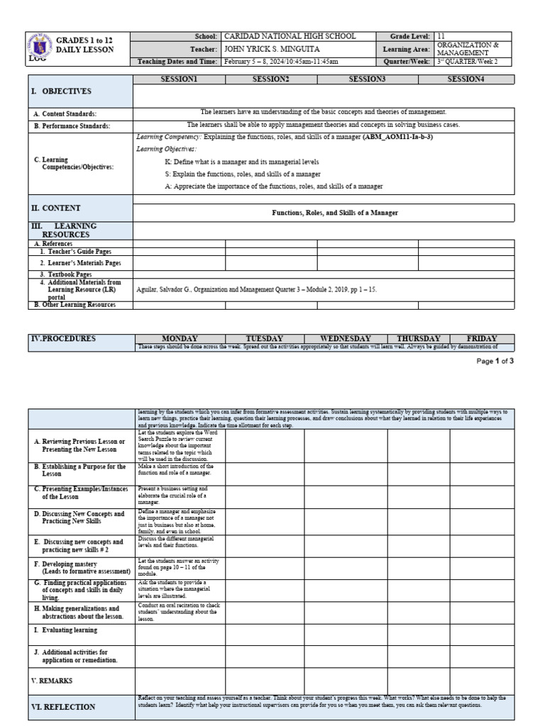 Organization Management Quarter 3 Week 2 | PDF | Learning | Teaching