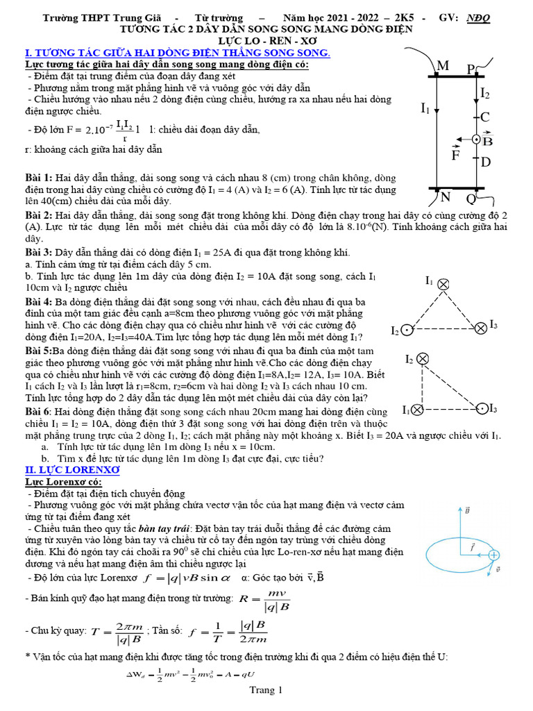TƯƠNG TÁC 2 DÂY DẪN SONG SONG VÀ LỰC LOREXO K22 2021 DAY | PDF