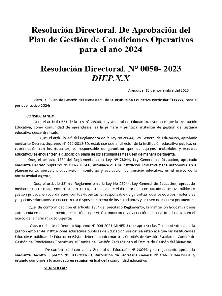 Resolución Directorl N°050 2023 Aprobación Del Plan De G C O 2024