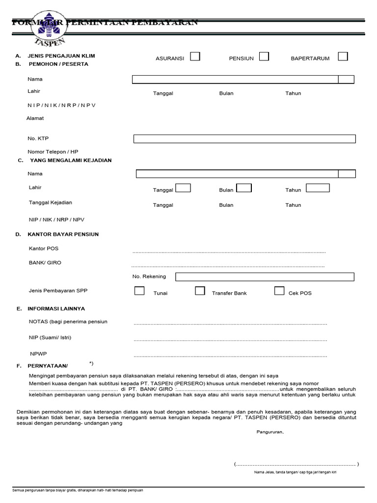 Formulir Permintaan Pembayaran: A. Jenis Pengajuan Klim B. Pemohon / Peserta | PDF