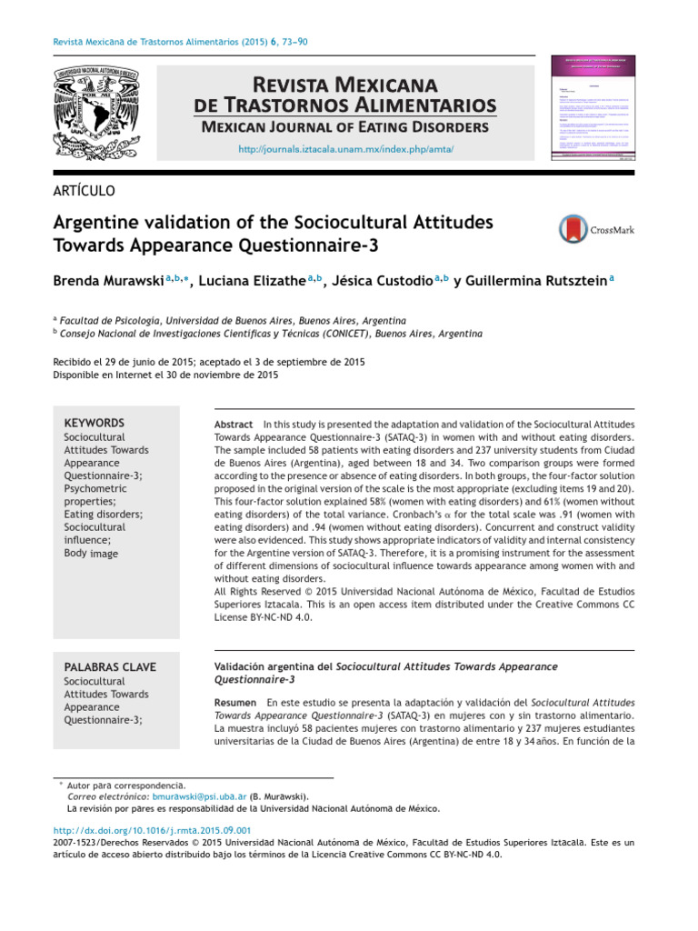 Argentine Validation of The SATAQ-3 | PDF | Alfa de Cronbach | Desorden ...