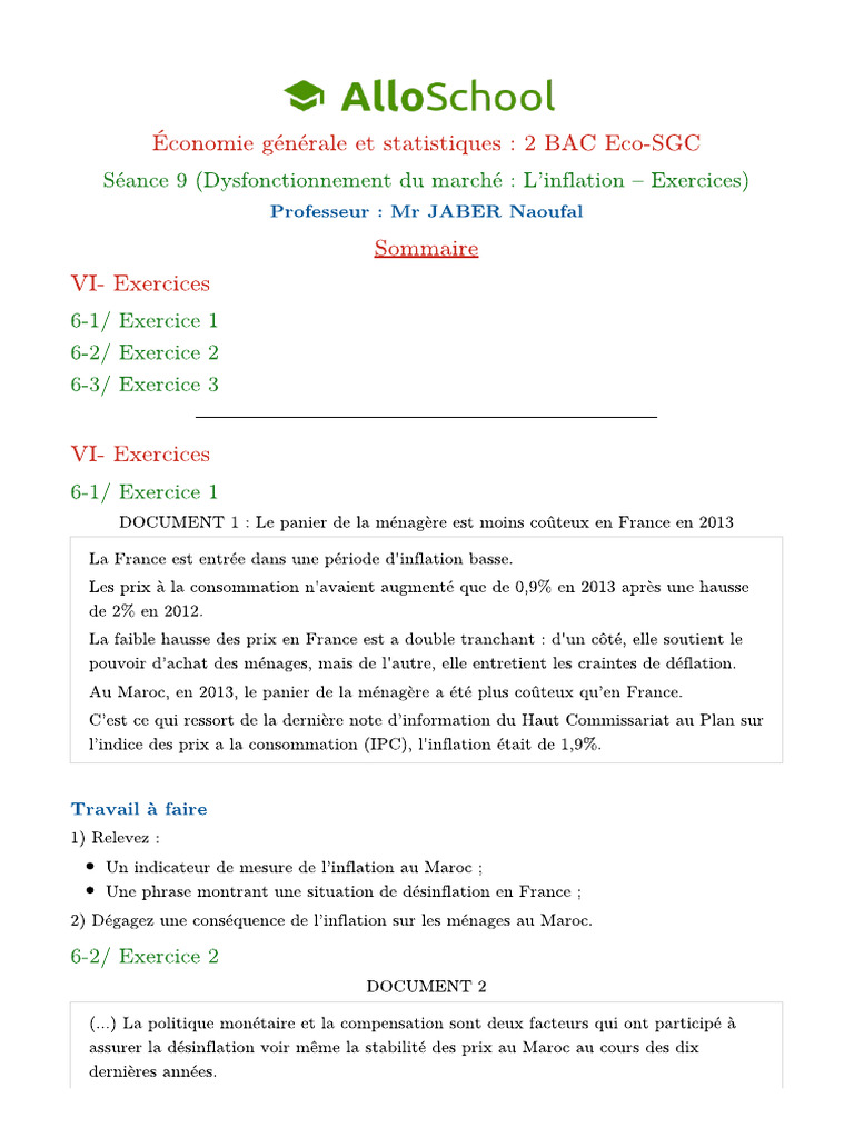 Seance 9 Dysfonctionnement Du Marche L Inflation Exercices | PDF