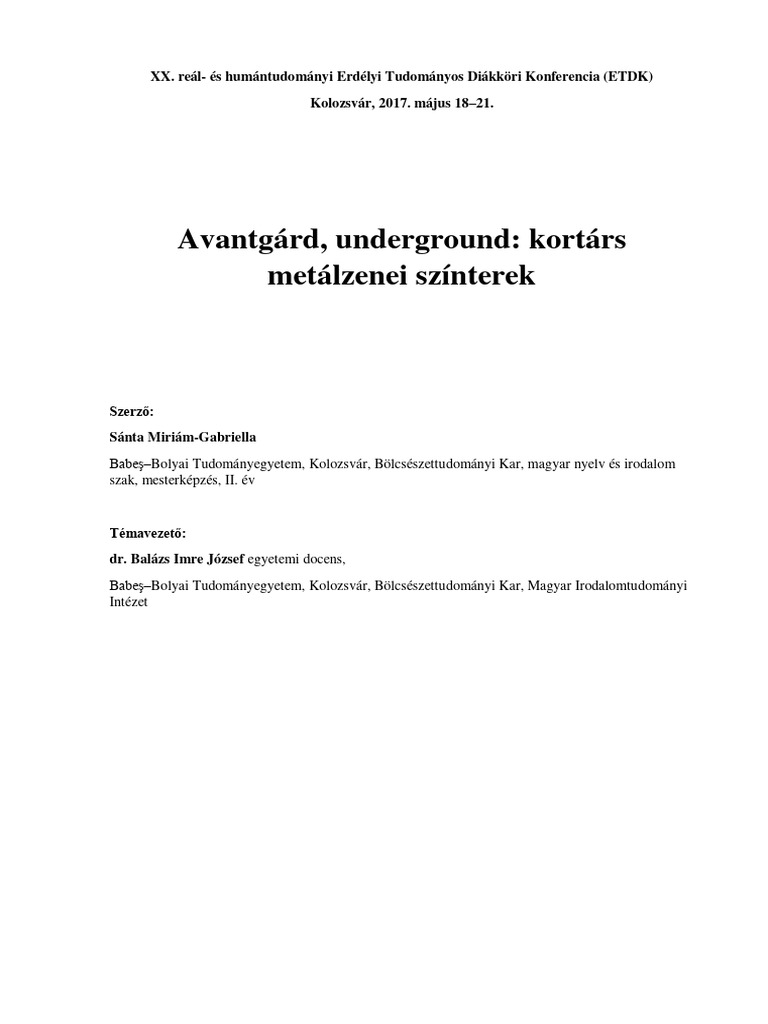 Sánta Miriám - Avantgárd, Underground Kortárs Metálzenei Színterek | PDF