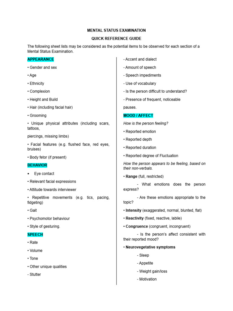 Mental Status Examination Quick Guide | PDF | Hallucination | Perception