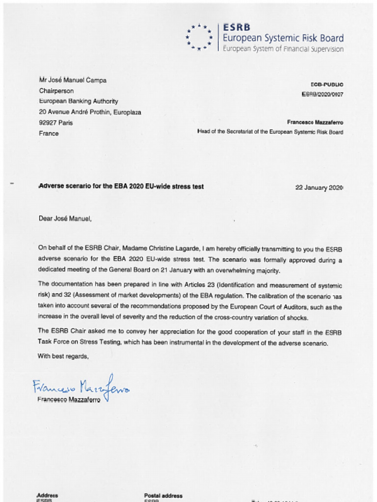 ESRB Letter On 2020 EU-wide Stress Test Adverse Macroeconomic Scenario ...