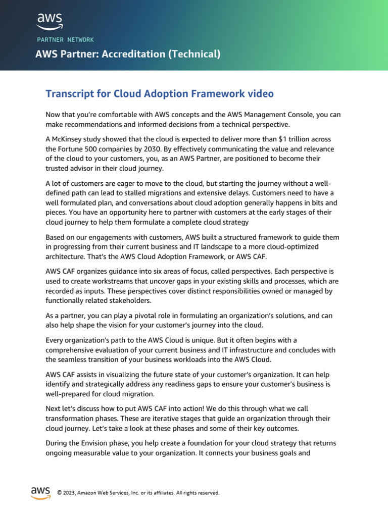 Transcript For Introduction To AWS Cloud Adoption Framework | Download Free PDF | Amazon Web ...