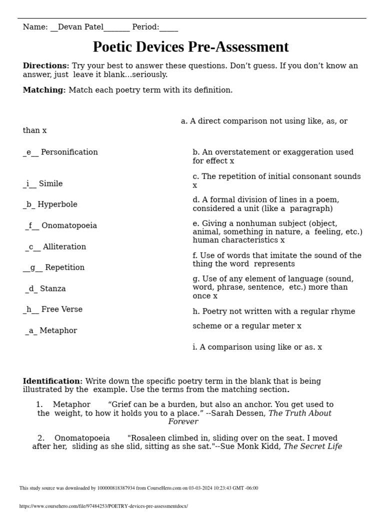 POETRY Devices Pre Assessment | PDF | Poetry | Poetics