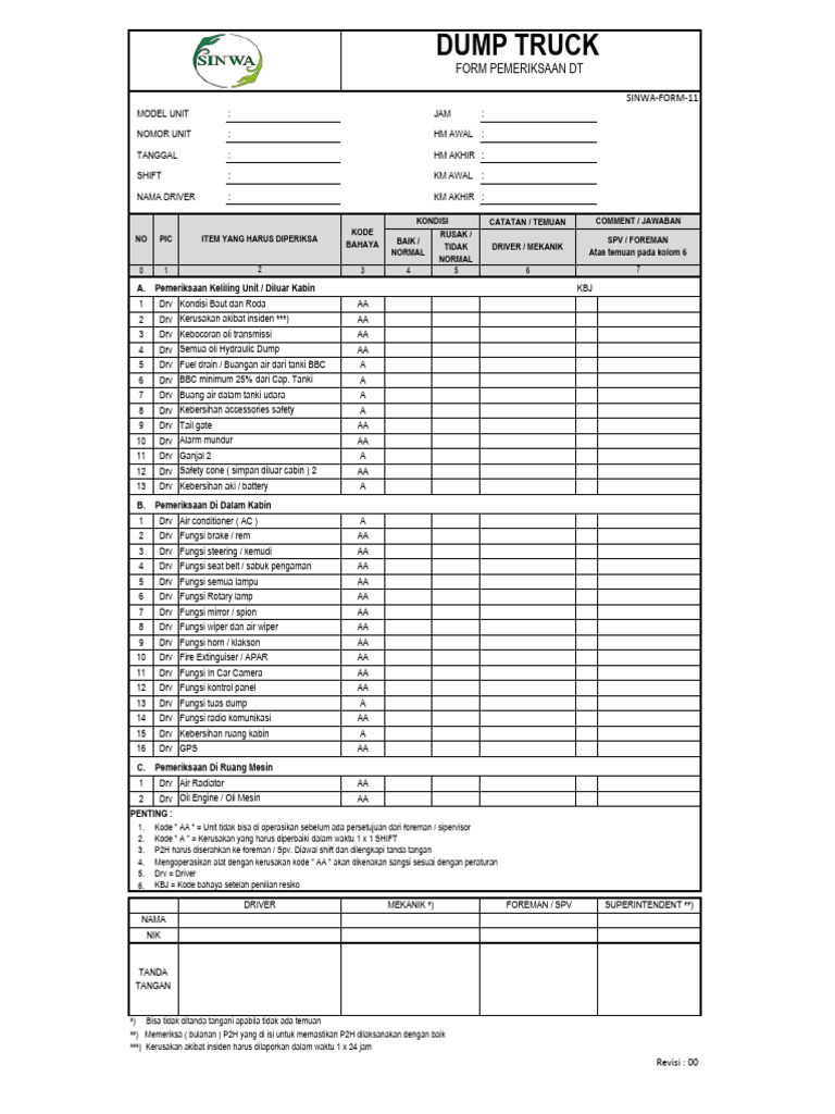 Form P2H Pemeriksaan Dump Truck | PDF