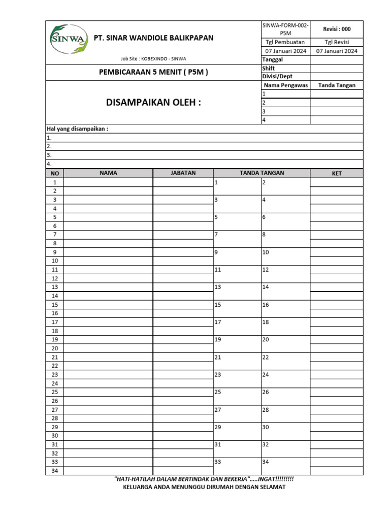 SINWA-FORM-002-ABSENSI P5M Atau TBM | PDF