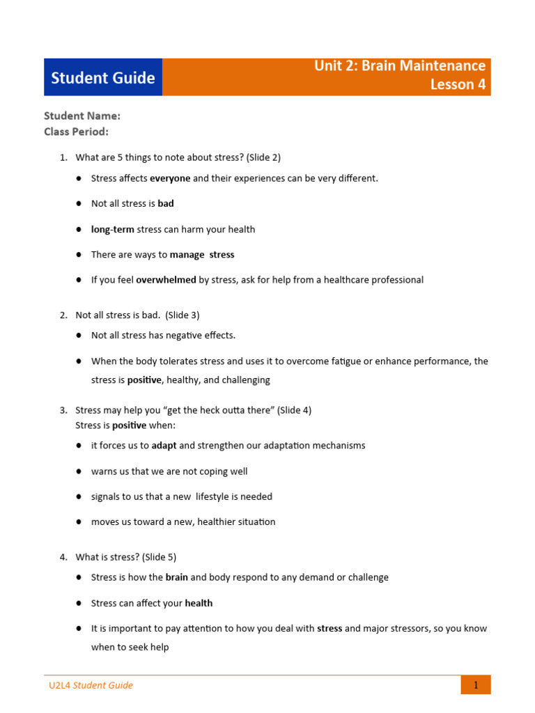 U2L4 Student Guide (2023) | PDF | Stress (Biology) | Fight Or Flight Response