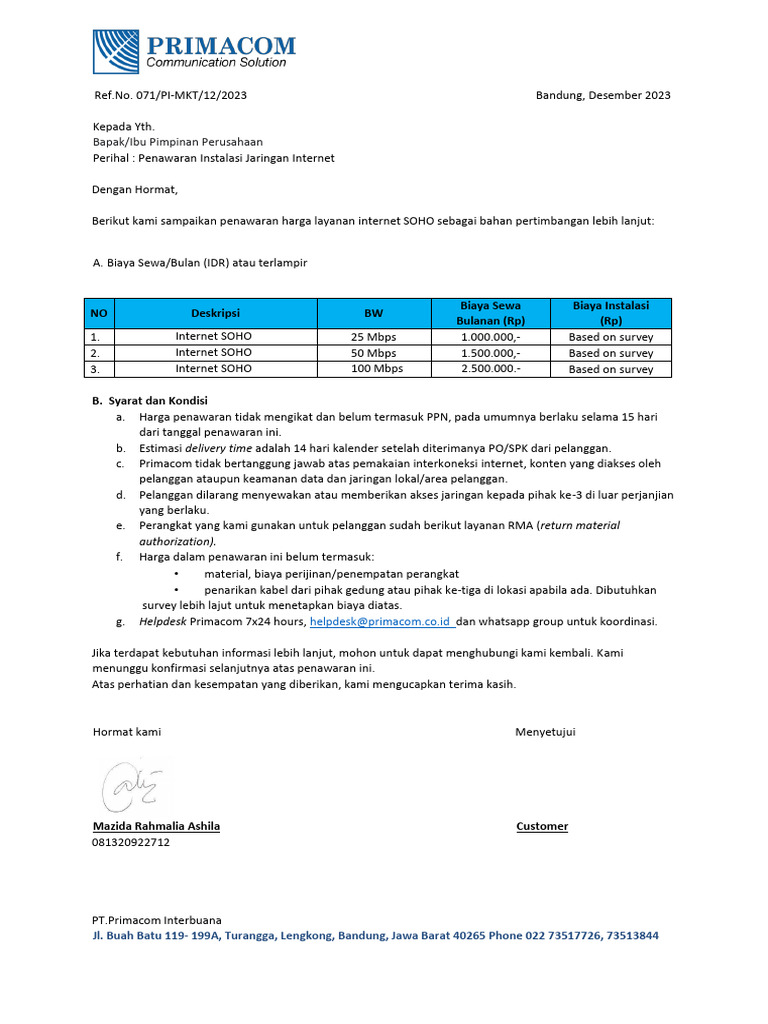 Penawaran Harga Instalasi Internet SOHO | PDF