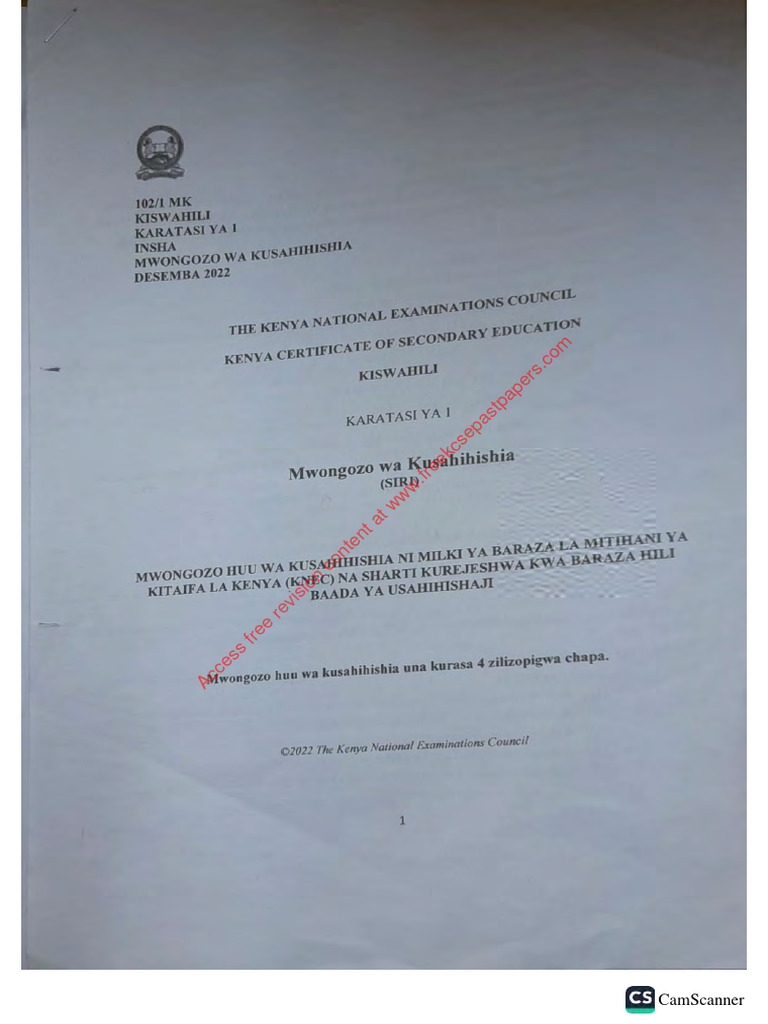 2022 KCSE Kiswahili Paper 1 Answer | PDF