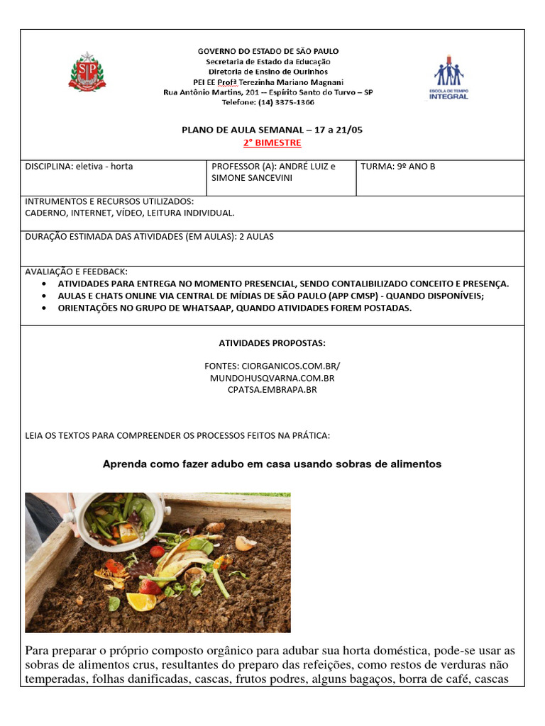 2 Plano de Aula ELETIVA ANDRE SIMONE HORTA 17 A 21 05 | PDF | Solo ...