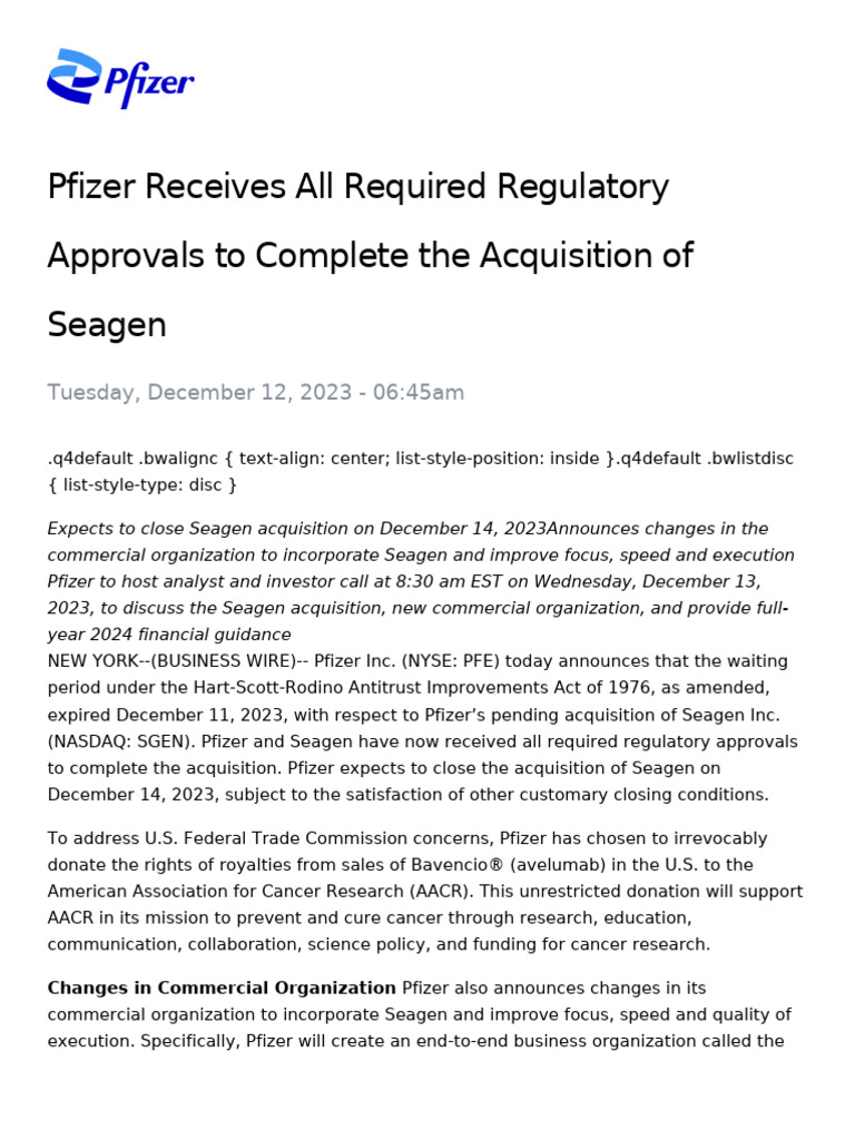Pfizer Receives All Required Regulatory Approvals To Complete The ...
