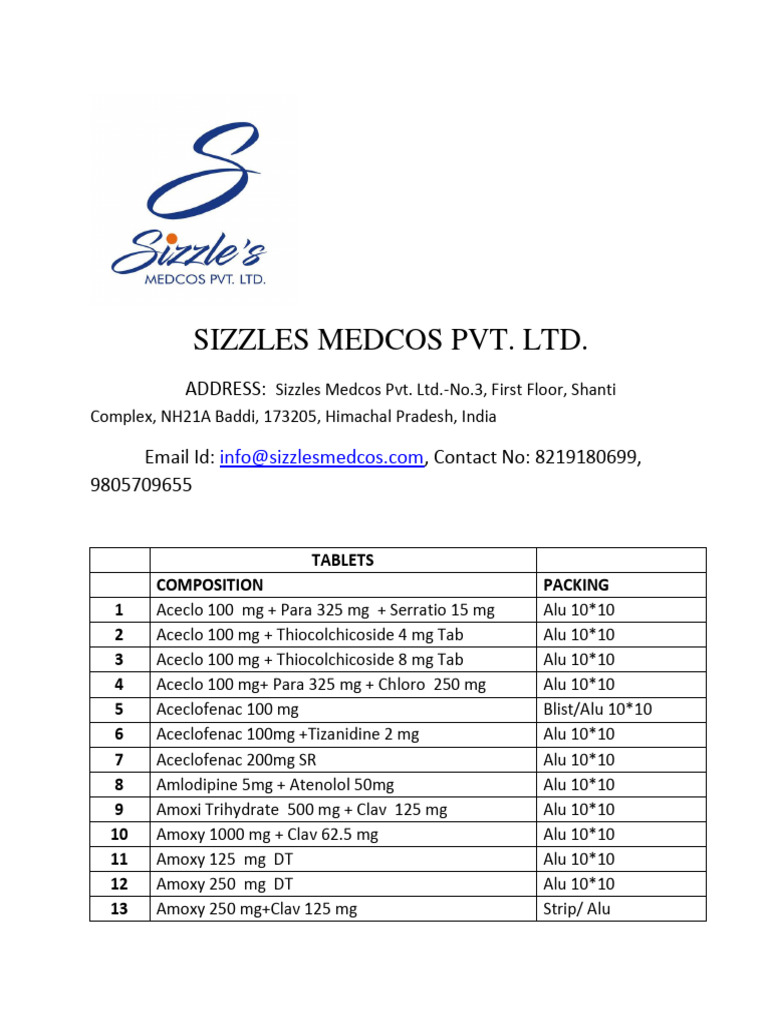 Sizzles Medcos Product Catalog | PDF | Magnesium | Chemical Substances