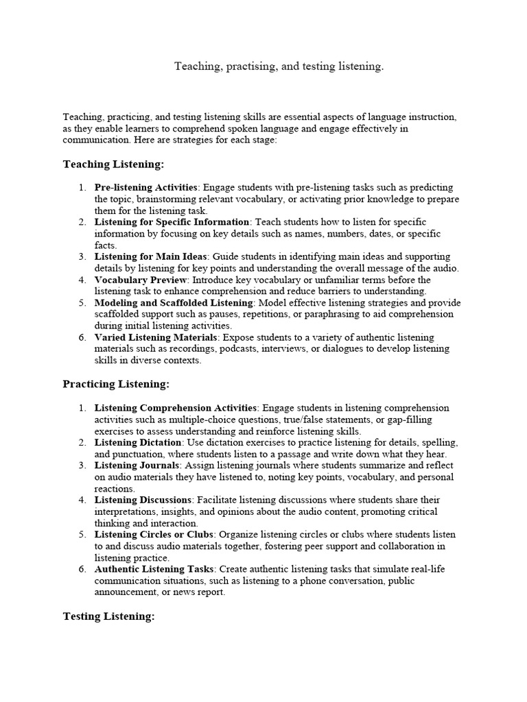 Teaching, Practising, and Testing Listening. | Download Free PDF ...