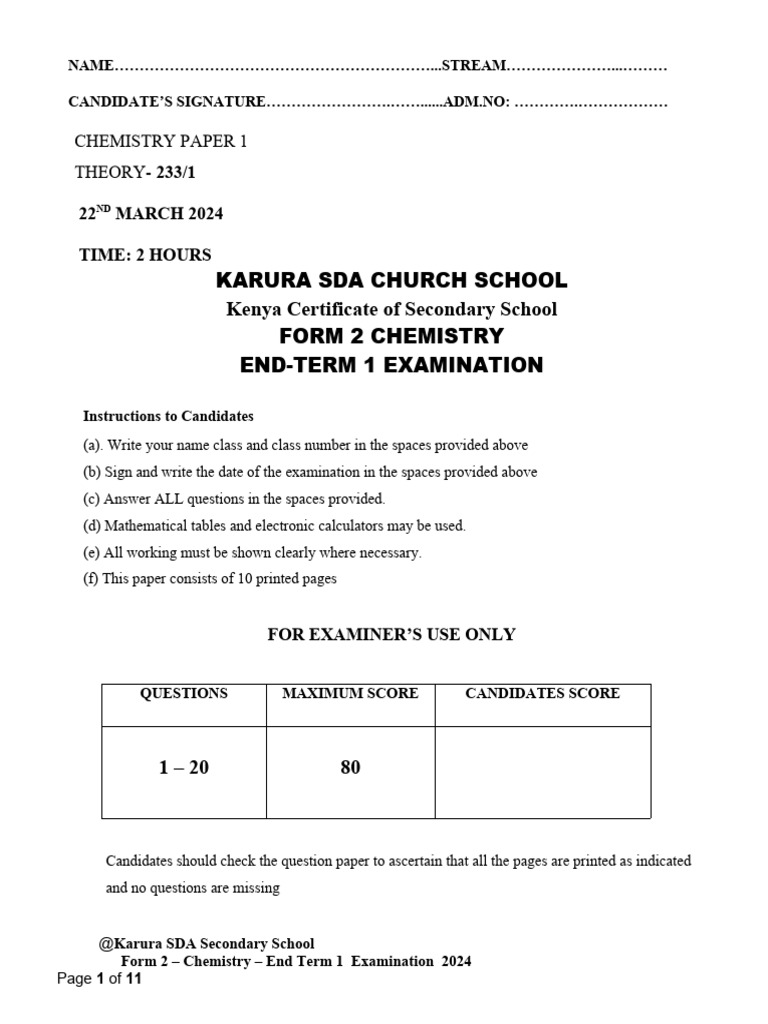 Form 2 Chem End Term 1 2024 | PDF | Solubility | Ion