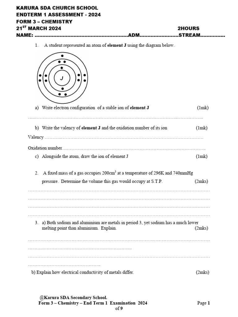 Form 3 Chem Endterm 1 2024 | PDF | Precipitation (Chemistry) | Acid