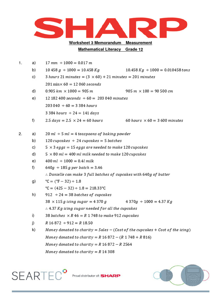 Worksheet 3 Memorandum Measurement Grade 12 Math Lit | Download Free ...