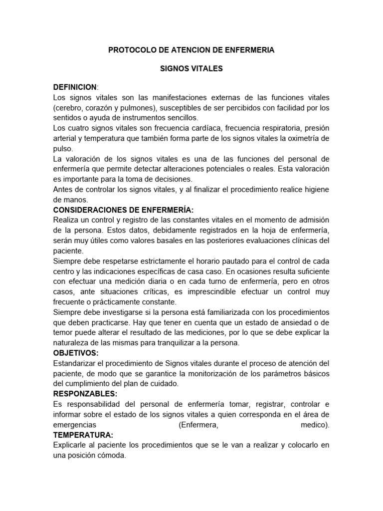 PROTOCOLO DE ATENCION DE ENFERMERIA Signos Vitales | PDF | Presión ...