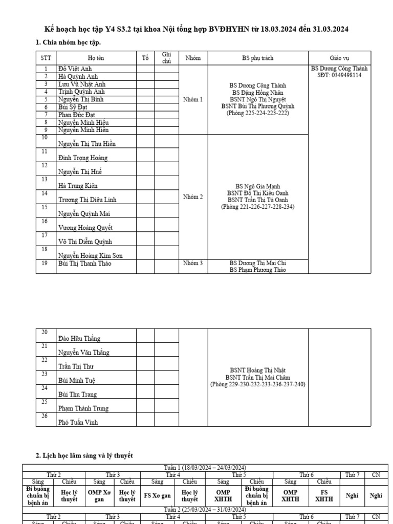 Kế hoạch học tập Y4 đa khoa S3.2 khoa nội tổng hợp bệnh viện Đại học Y Hà Nội từ 18.03.2024 31. ...