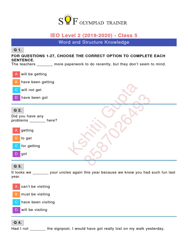 IEO Level 2 Class 5 English Practice | PDF | Memory | Happiness