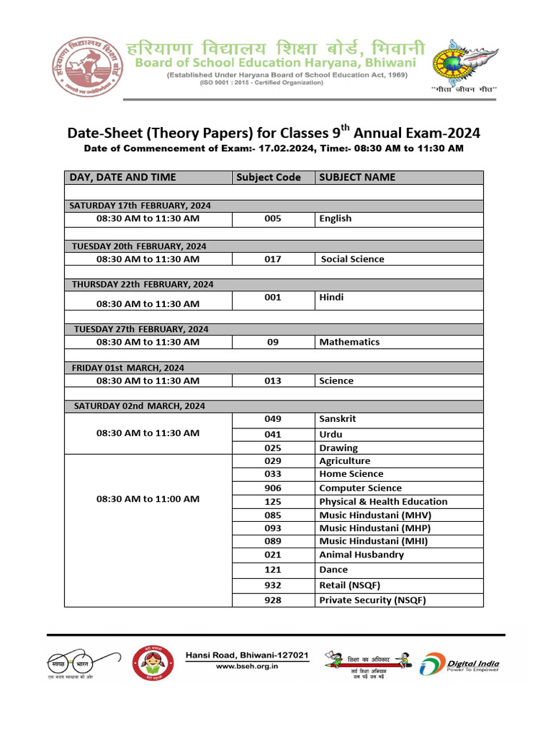 Date-Sheet (Theory Papers) For Classes 9 Annual Exam-2024: Day, Date and Time Subject Code ...