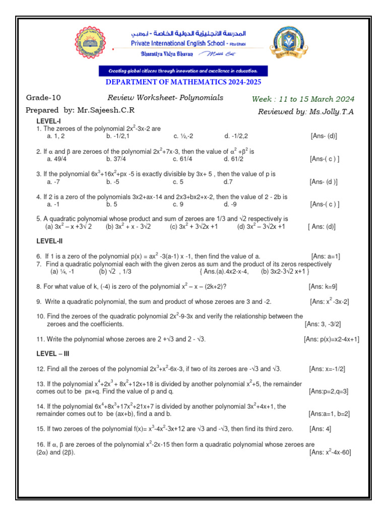 Review Worksheet | PDF | Polynomial | Zero Of A Function
