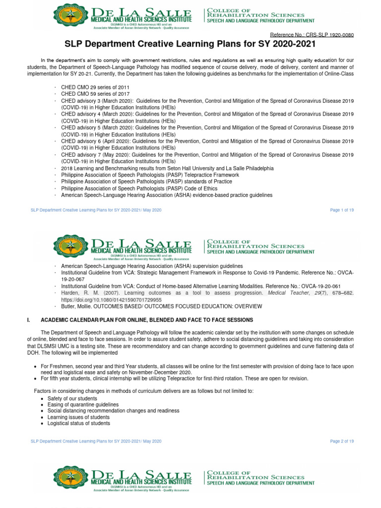 SLP Creative Learning Plans 2020-2021 | PDF | Lecture | Speech