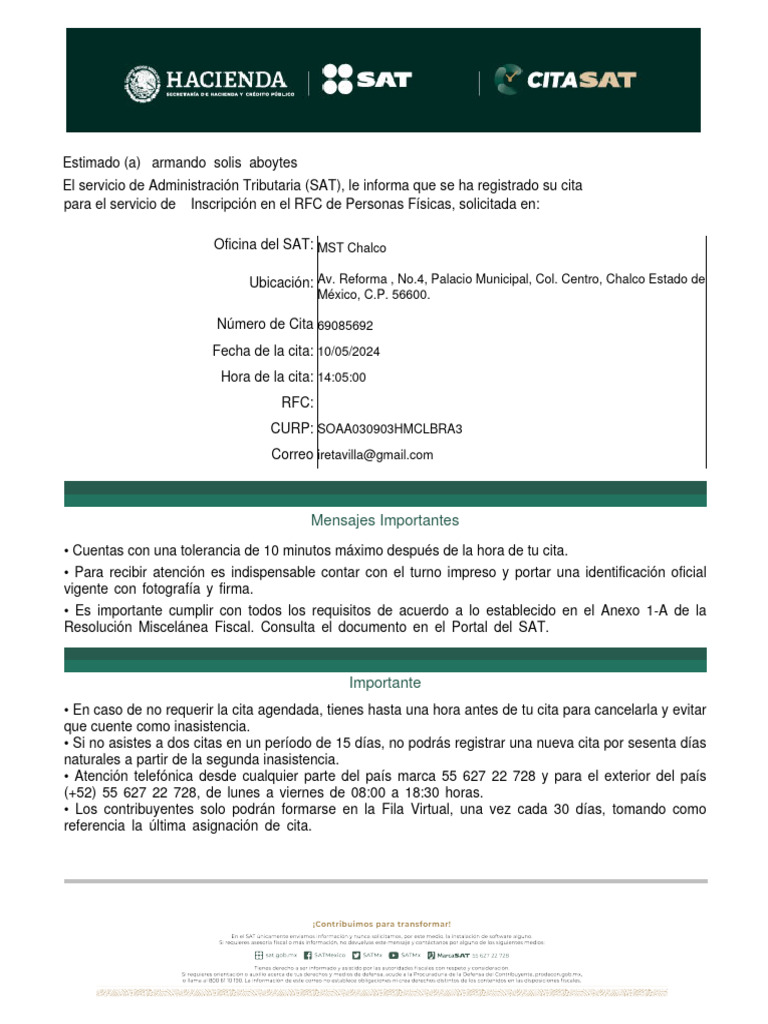 Cita RFC en SAT: Detalles y Requisitos | PDF | Gobierno
