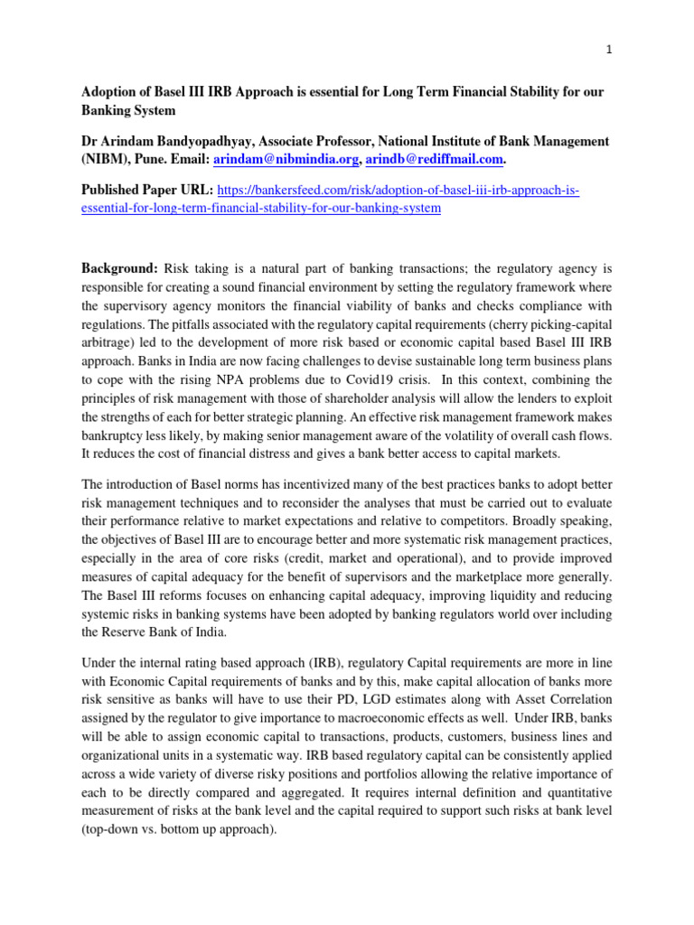 Adoption of Basel III IRB Approach Is Essential For Long Term Financial ...