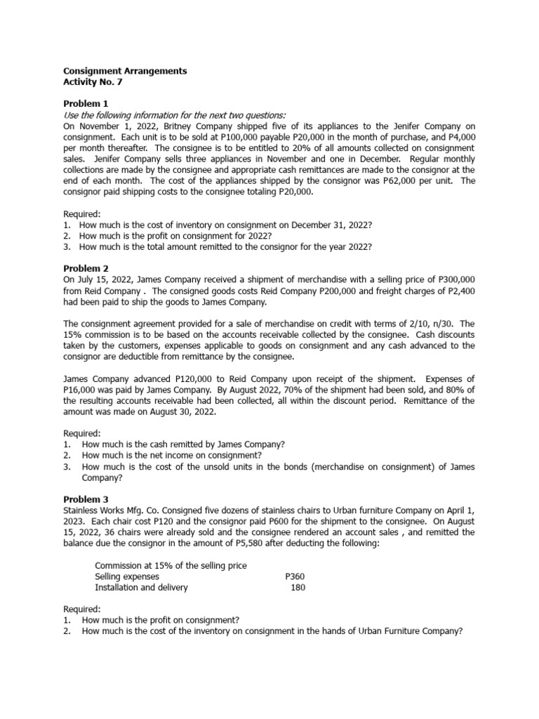 Activity 7 Consignment Arrangements | PDF | Expense | Receipt