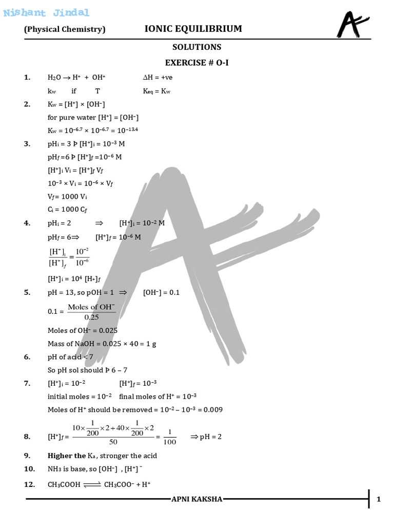 Sheet - 01 (Solution) - Ionic Equlibrium (Exercise) NJ - 247 | PDF | Ph | Acid Dissociation Constant