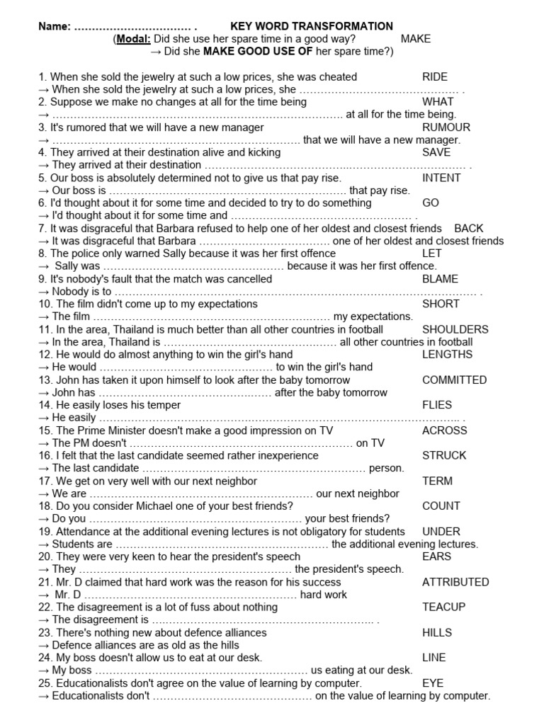 Key Word Transformation Exercises | PDF