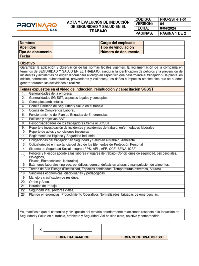 FT-01. Evaluación de Induccion y Reinduccion SST | PDF