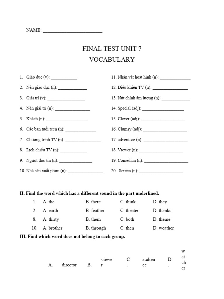 Grade 7 - final test unit 7 (chương trình hệ 10 năm) | PDF
