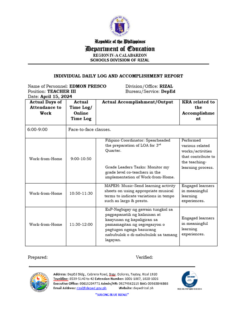 Individual Daily Log and Accomplishment Reprot - Sample | PDF