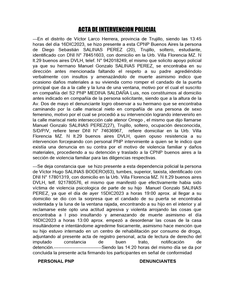 Acta de Intervencion Policial Caso Buenos Aires | PDF | Violencia | Agresión