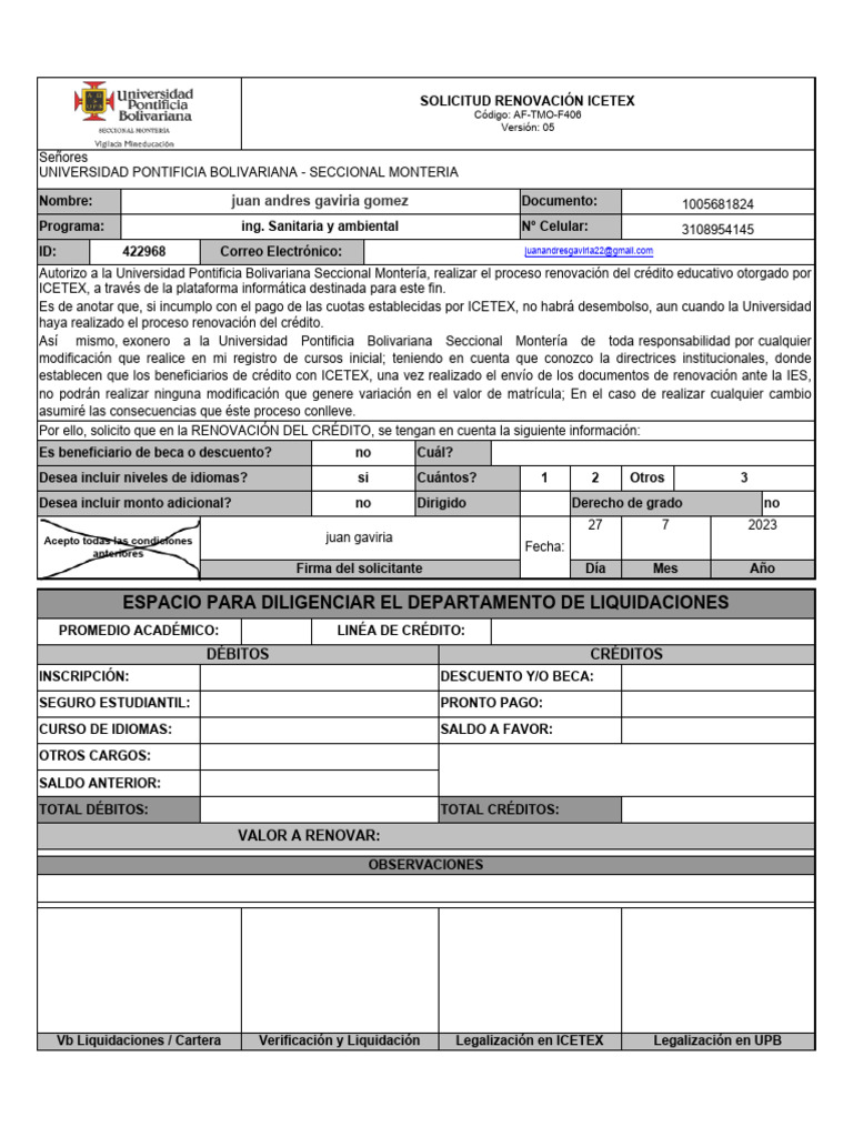Af-Tmo-F406 Solicitud Renovacion Icetex | PDF