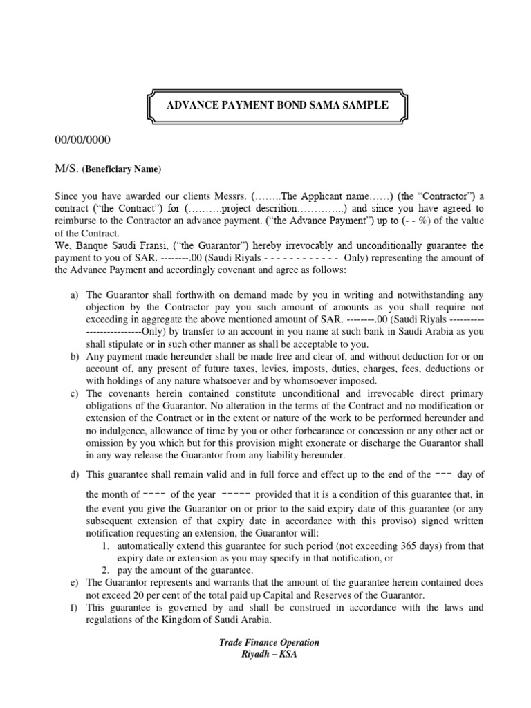 Advance Payment Guarantee Sample KSA | PDF | Surety | Payments