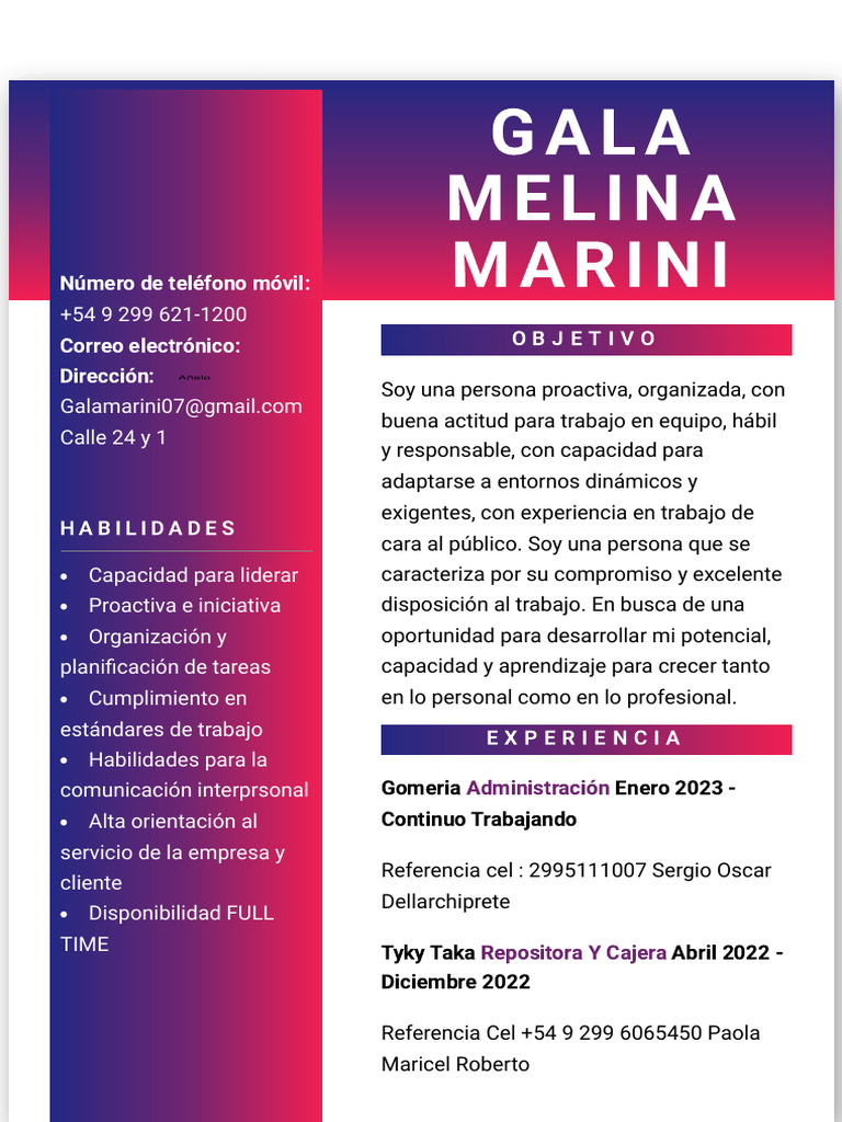 Currículum de Melina Marini: Habilidades y Experiencia | PDF