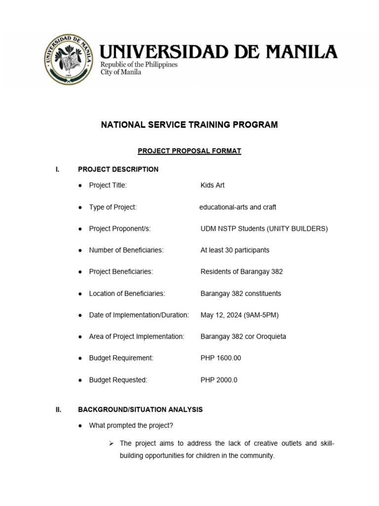 Kids Art Project Proposal for Barangay 382 | PDF | Business | Social ...