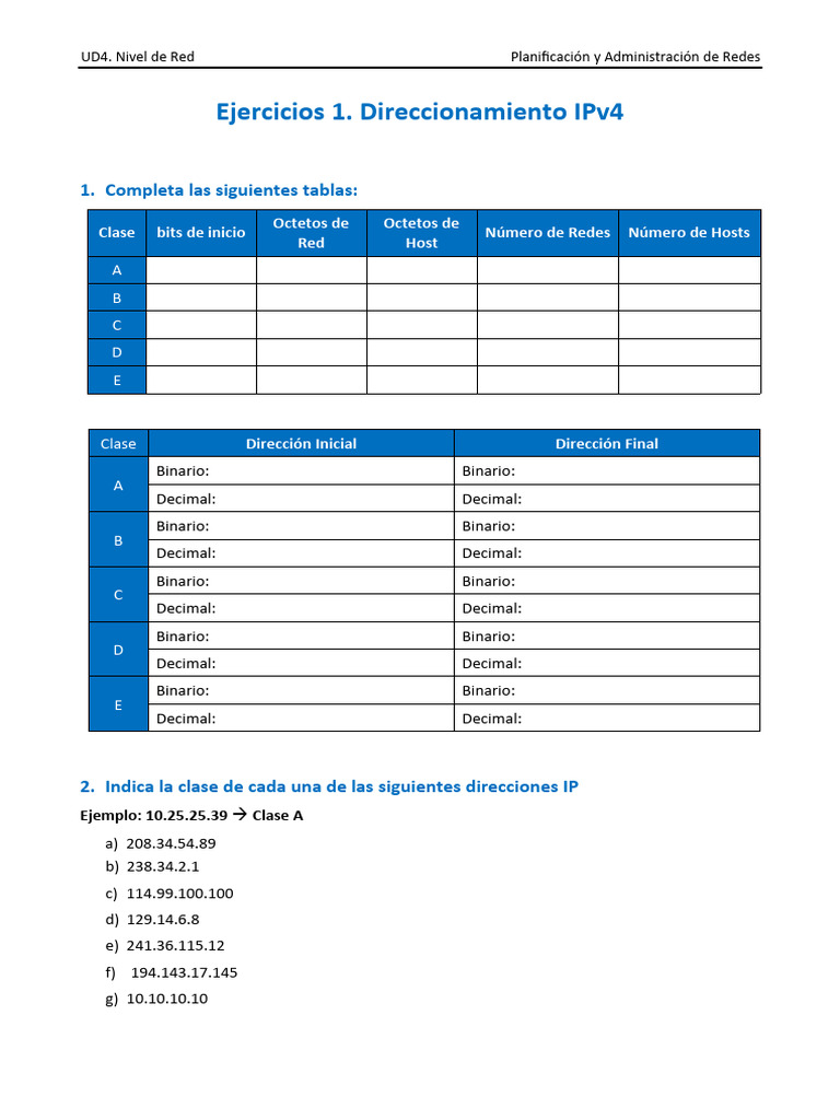 Ejercicios 1 - Direccionamiento IPv4 | PDF | Dirección IP | Protocolos de capa de red