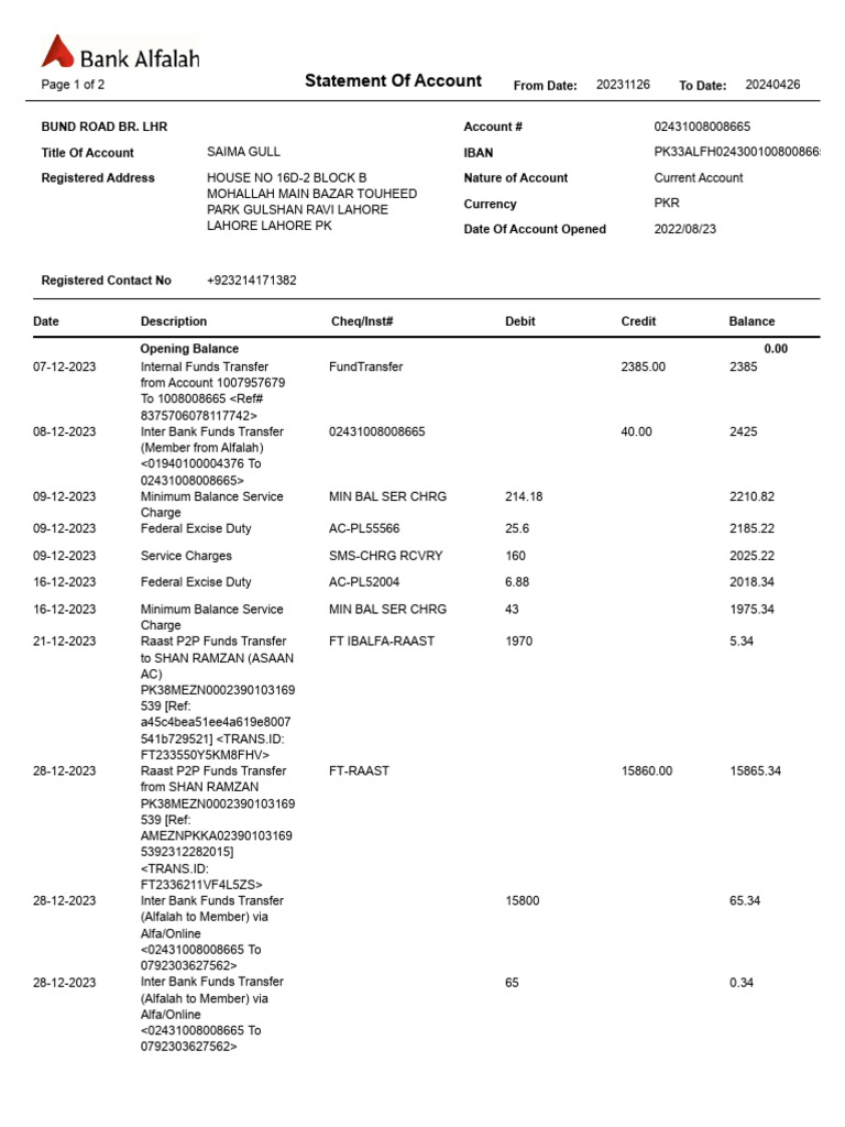 Statement of Account | PDF | Financial Services | Banking
