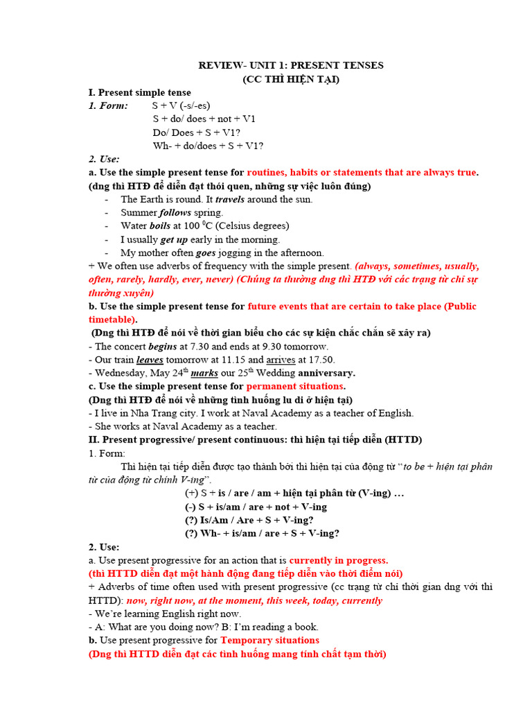 LT Các thì hiện tại | PDF | Grammatical Tense | Verb